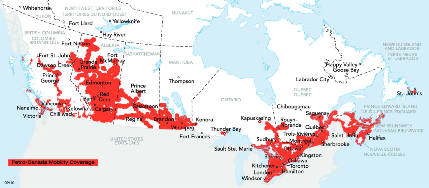 Cellular network coverage, antenna map in Canada