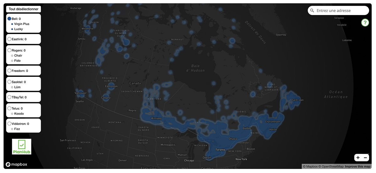 Couverture réseau cellulaire, carte antennes au Québec