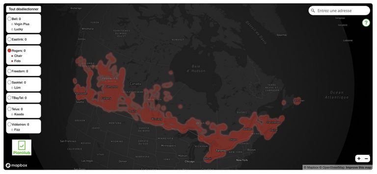 Cellular network coverage, antenna map in Canada