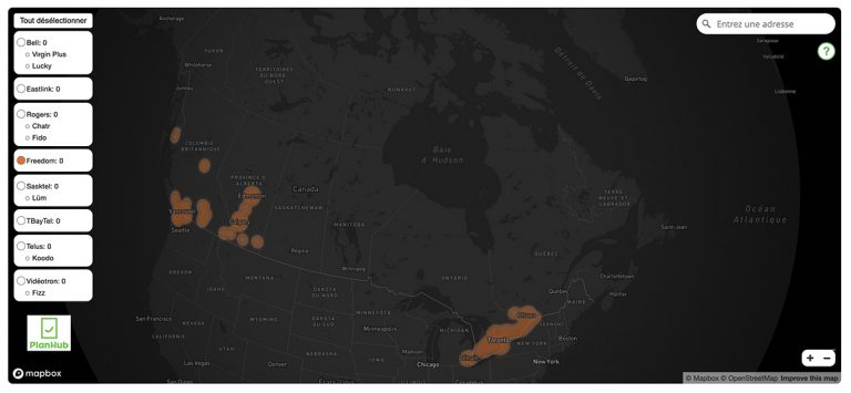 Cellular network coverage, antenna map in Canada