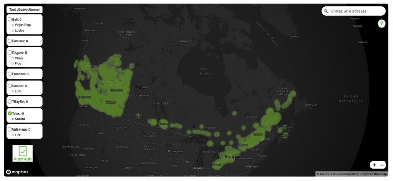 Cellular network coverage, antenna map in Canada
