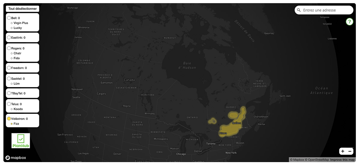 Cellular network coverage, antenna map in Canada